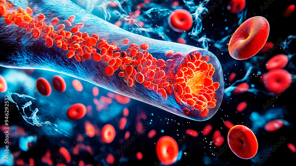 Detailed illustration of clogged artery with red blood cells flowing ...