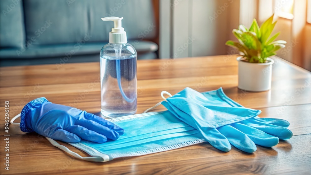 Assorted essential items including mask, hand sanitizer, gloves, and ...