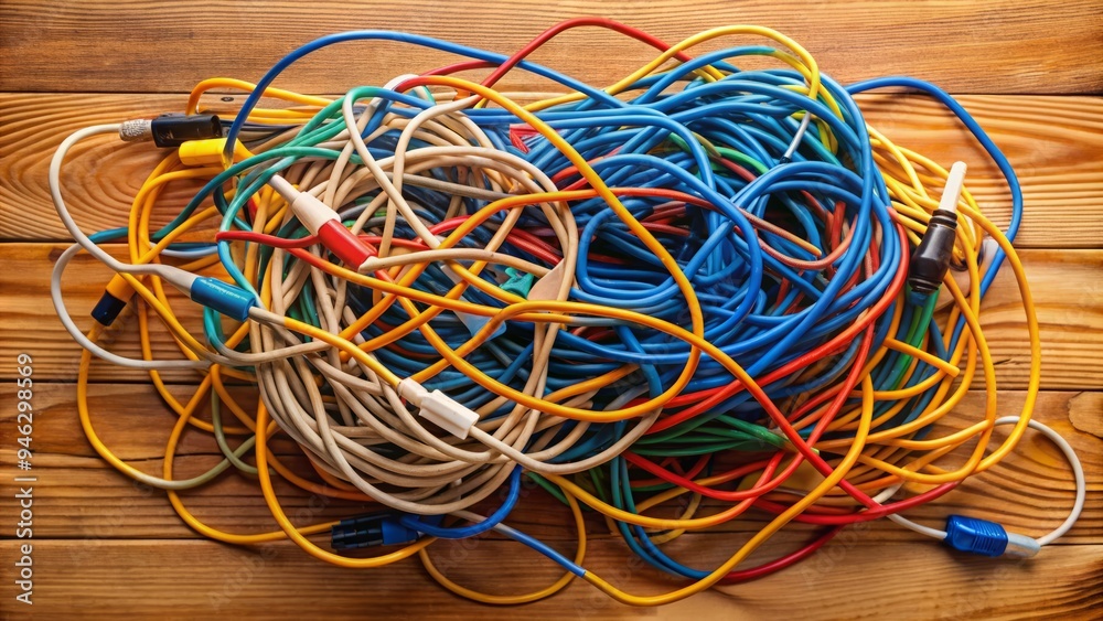 A Tangled Mess Of Colorful Network Cables And Cords Sprawl Across A Wooden Desk With A Single
