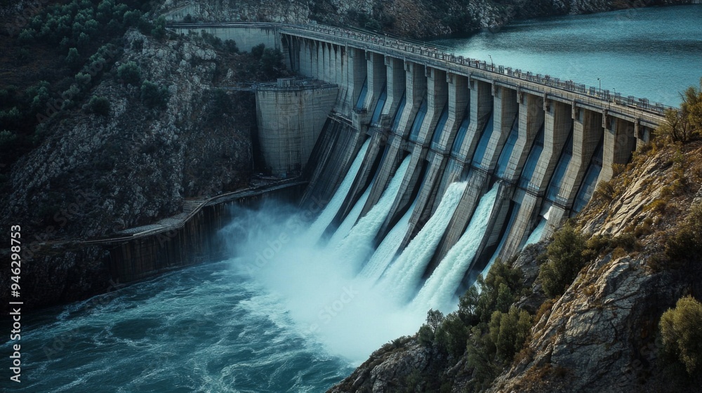 A detailed view of the spillway and floodgates of a large dam, showing ...