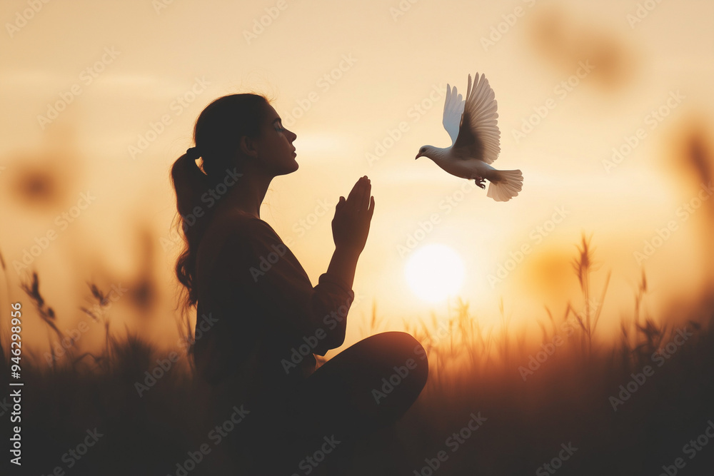 Woman Prays on Bended Knee as the Holy Spirit Descends as a White Dove ...