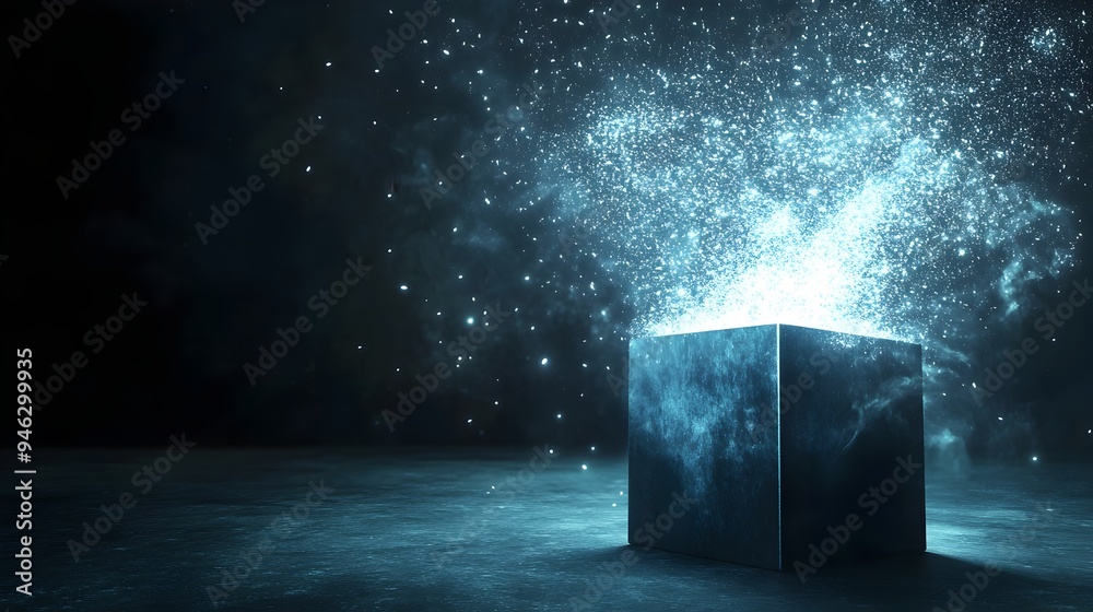 Conceptual image of a box dissolving into luminous particles of light ...