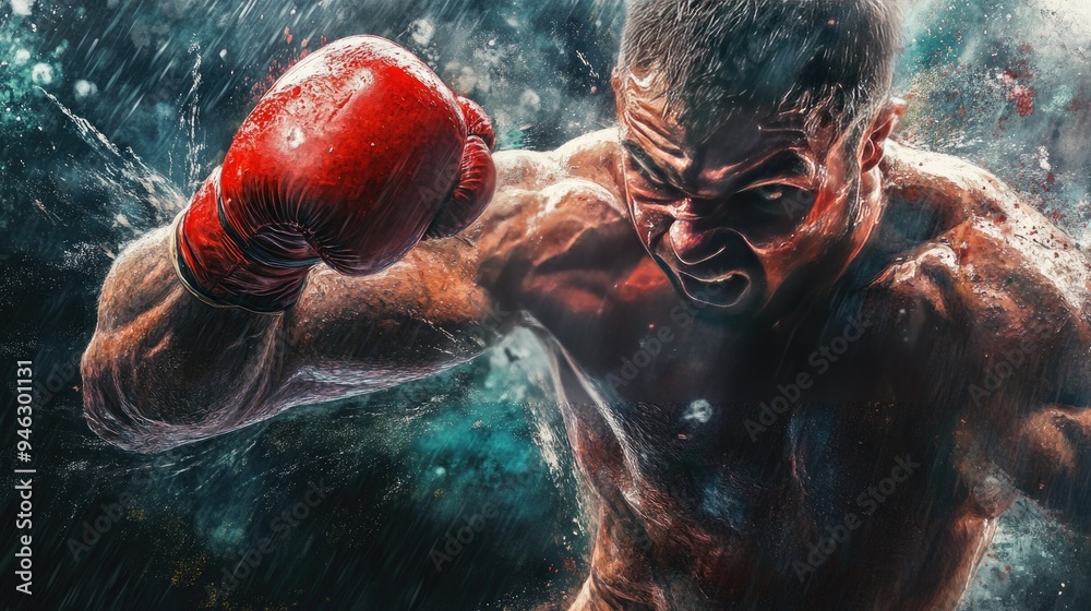 Boxer throwing a punch, muscles tensed, expression of determination on ...