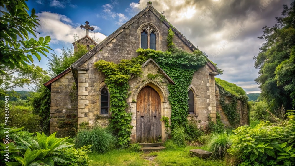 A worn stone church stands deserted, its old wooden doors firmly shut ...