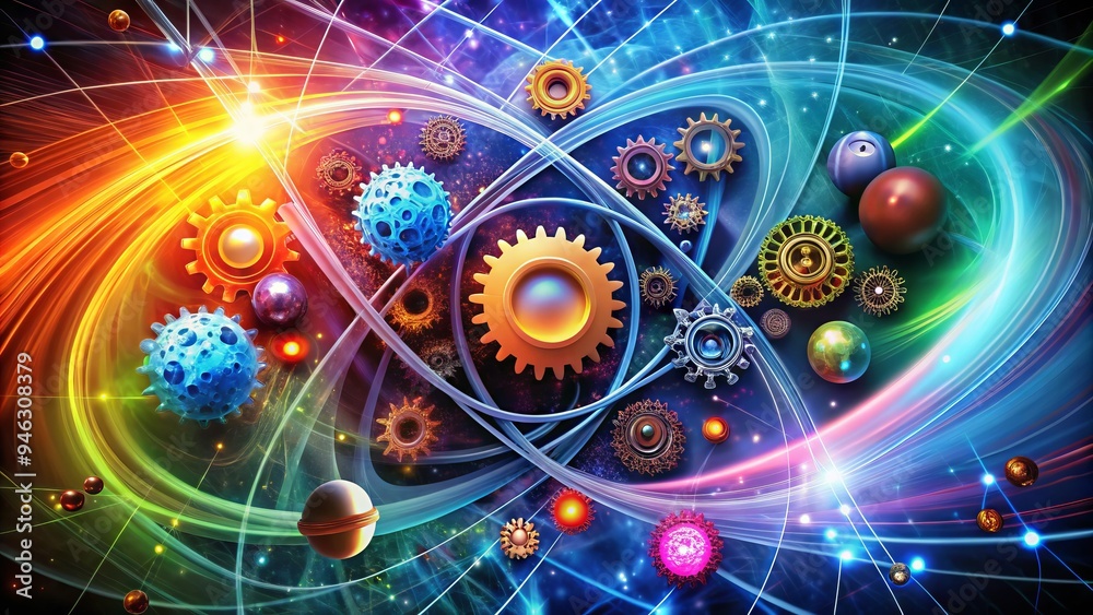 Colorful icons of atoms, gears, and formulas swirling around a central ...