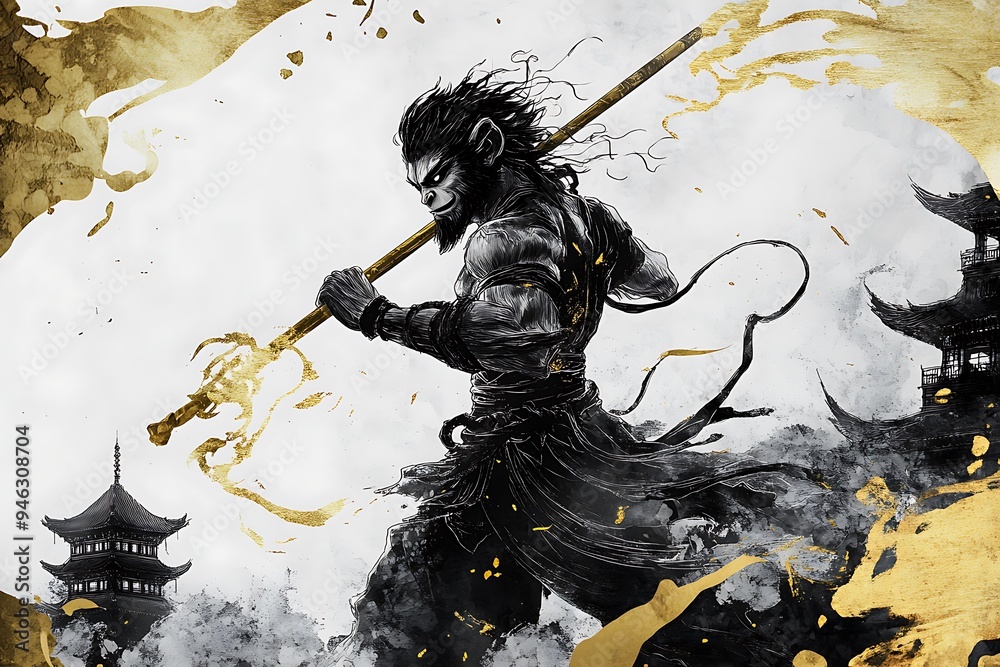 Majestic Monkey King: Golden Staff in Ancient Temple Ruins - Chinese ...