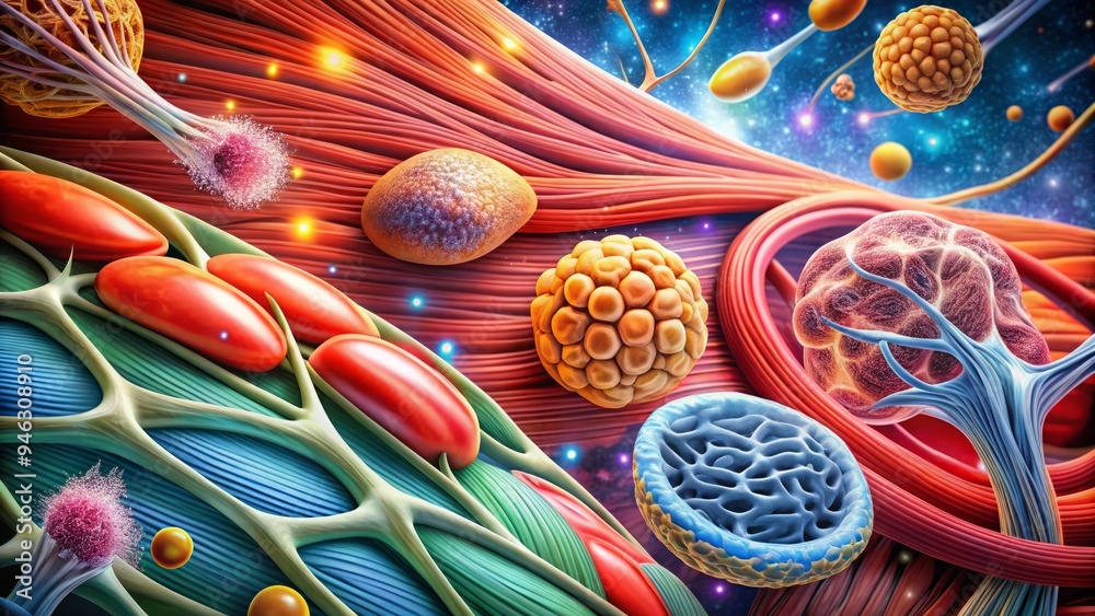 Colorful illustration of human muscle cells with detailed cellular ...