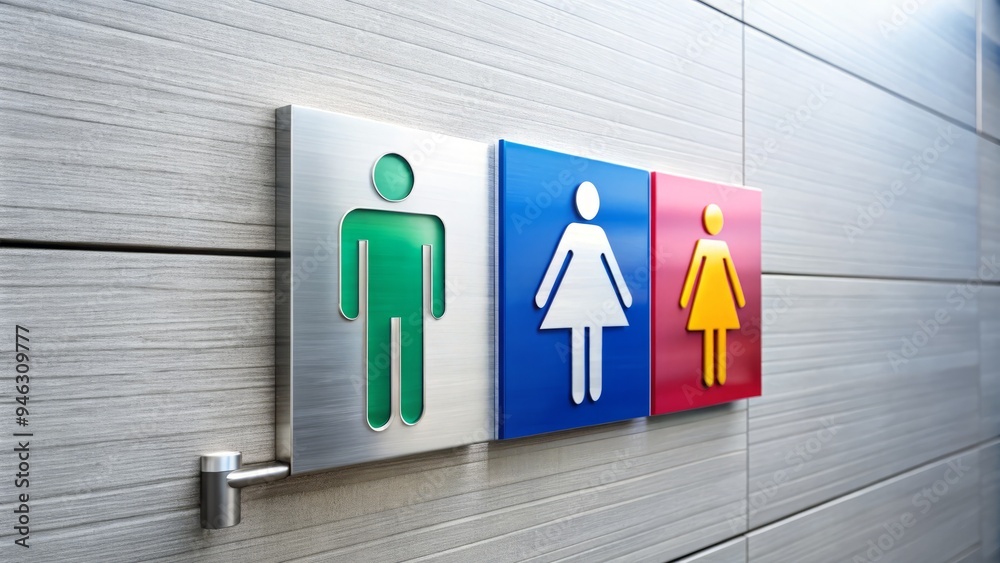 Colorful pictograms indicating male, female, and accessible restrooms ...