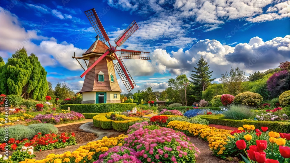 Colorful windmill obstacle in a whimsical mini golf course surrounded ...