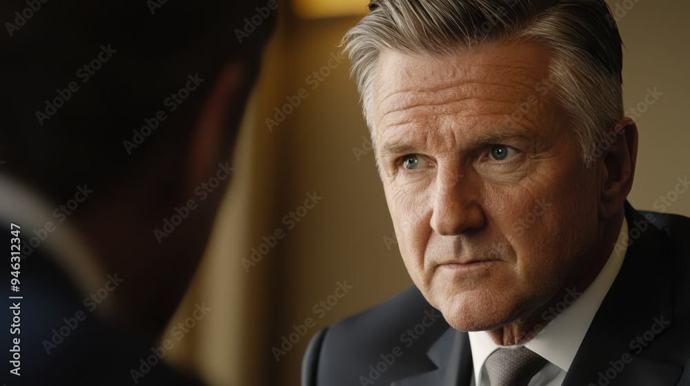 Older Businessman Showing Determination in a Serious Meeting. A light ...