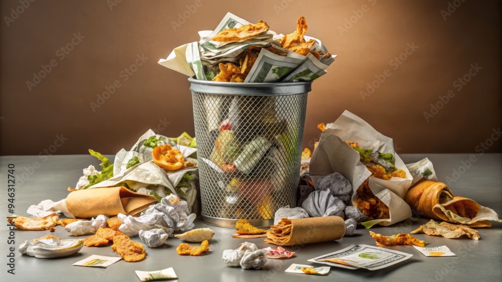 Crinkled-up dollar bills and torn receipts overflowing from a rusty ...