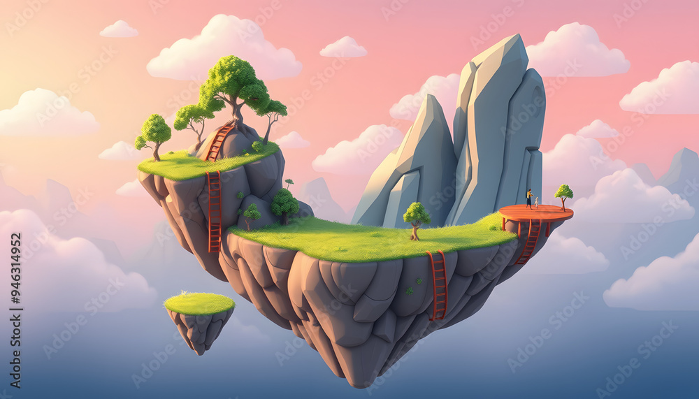 Floating island, game platforms and arcade levels with trees and grass ...