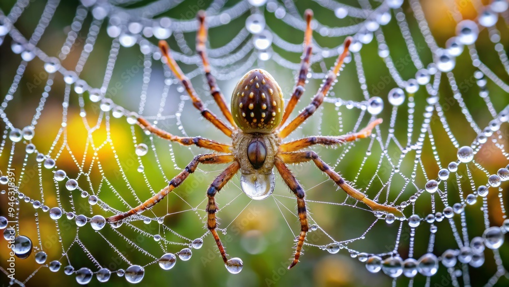 Delicate strands of a intricate spider web glisten with dew ...