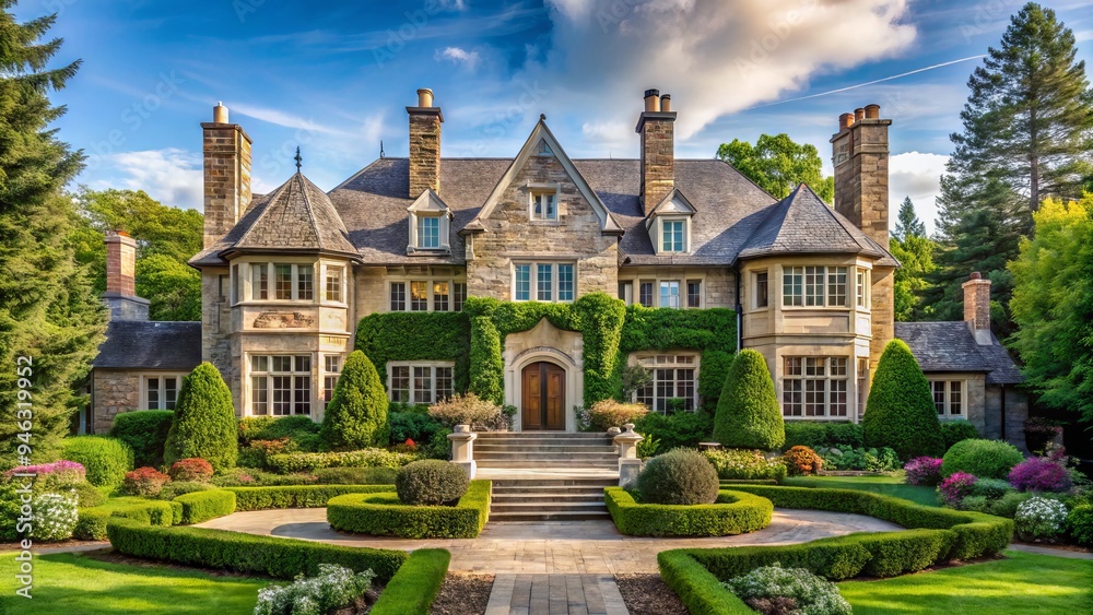 Elegant stone mansion with imposing facade, grand entrance, and majestic chimney piercing the ...