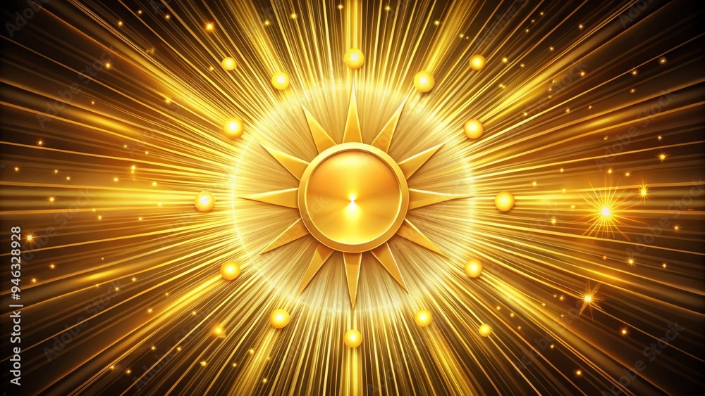 Golden sunburst with radiating beams and circular icon at center ...