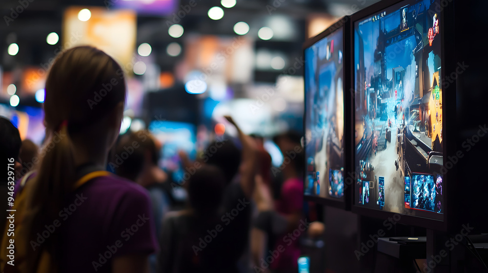 Crowded gaming convention with hundreds of enthusiastic gamers around ...
