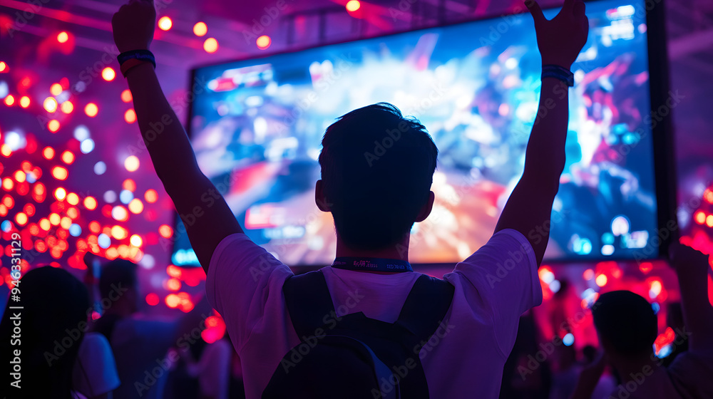 Crowded gaming convention with hundreds of enthusiastic gamers around ...