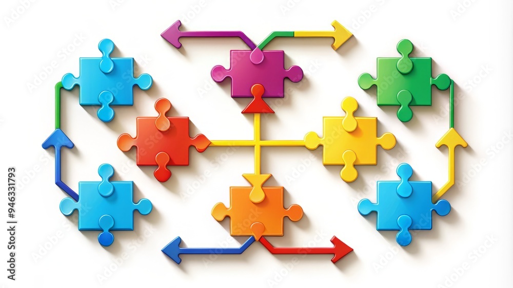 Illustrated flowchart with colorful puzzle pieces and arrows converging ... Illustrated flowchart with colorful puzzle pieces and arrows converging ...