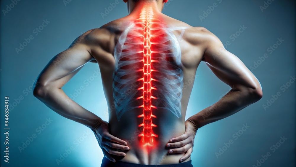 Low-angle shot of a person's back, with red markers indicating areas of ...