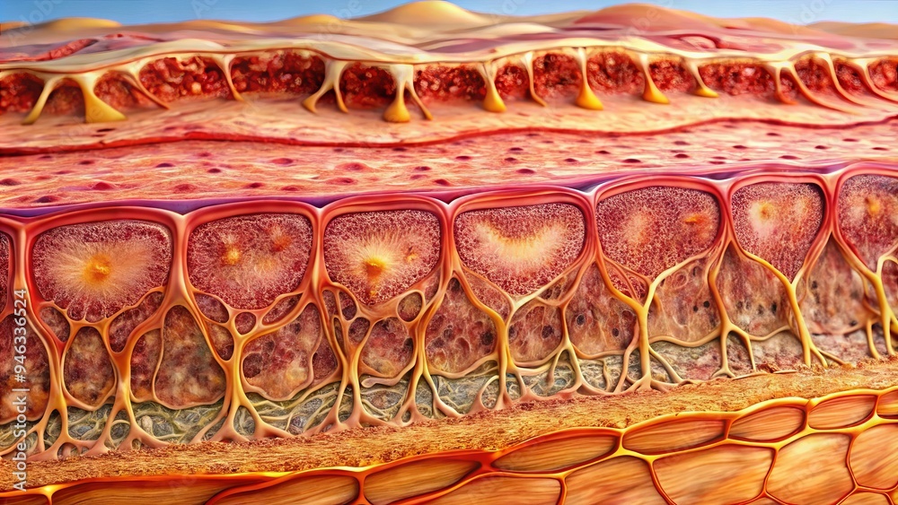 Macro view of the human skin's intricate layered structure, showcasing ...