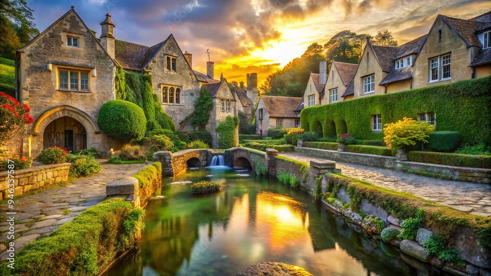 Majestic medieval architecture surrounds a serene natural spring ...