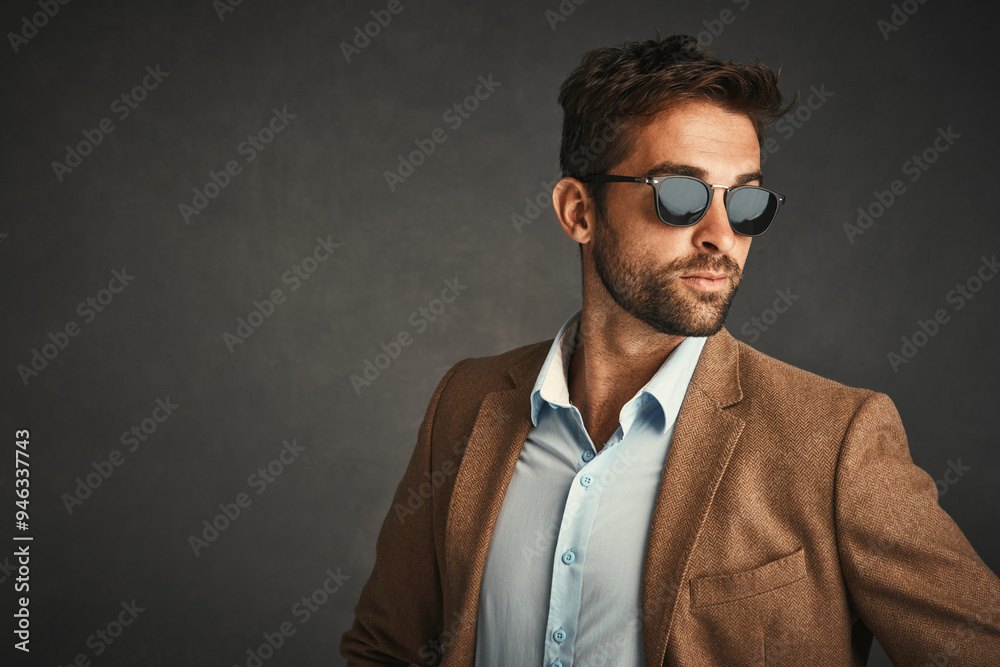 Thinking, man and private detective with sunglasses for confidence ...