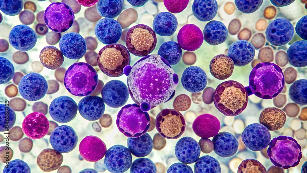 Microscopic view of malignant B cells with irregular nuclei and ...