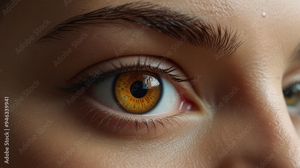 Female eye close up with smart contact lens with digital and bio-metric ...