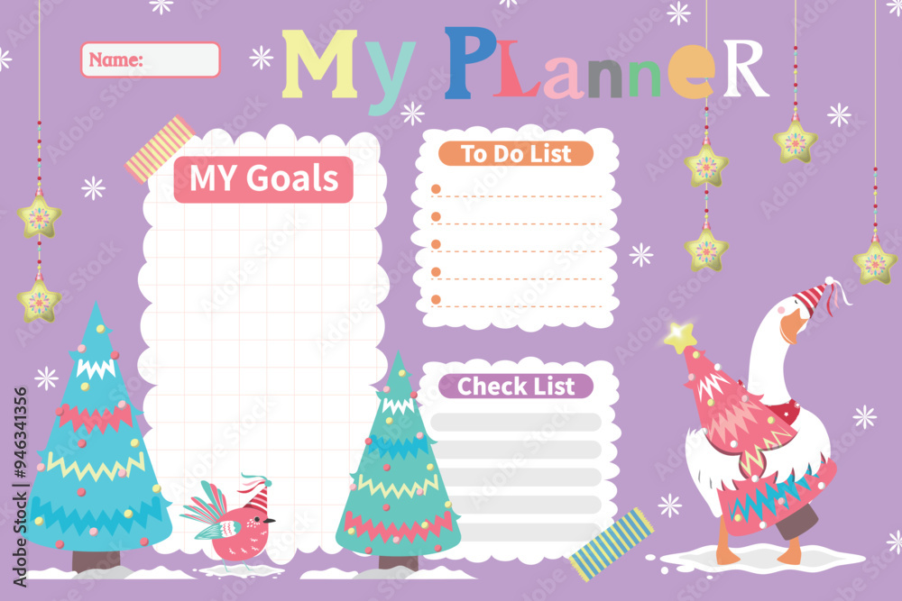 My planner with goose and Christmas tree in flat cartoon style ...