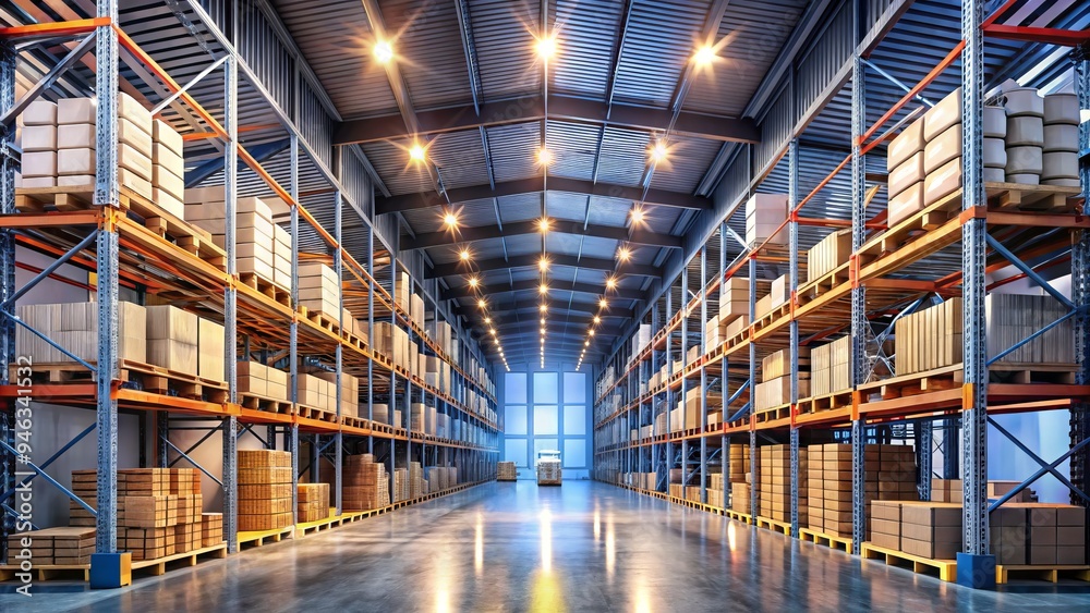 Modern industrial warehouse interior with rows of shelves, crates, and ...
