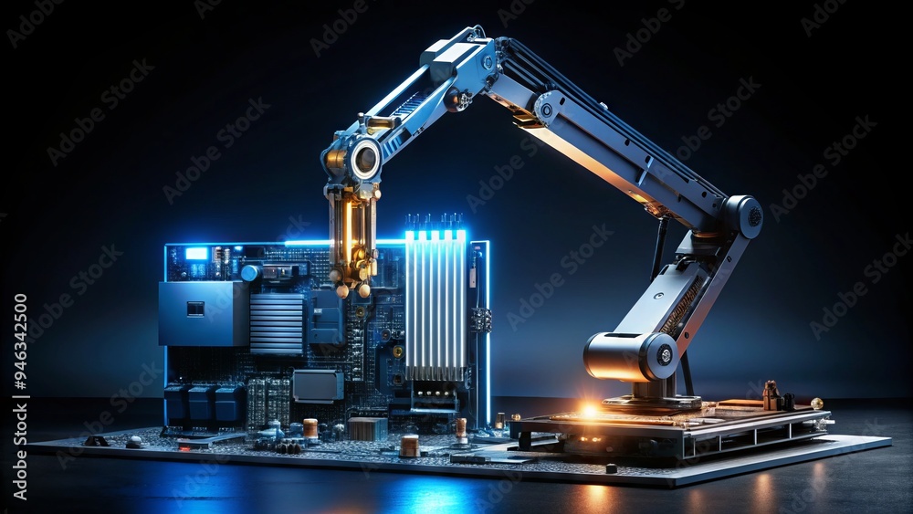 Modern robotic arm and computer motherboards arranged on a sleek black ...