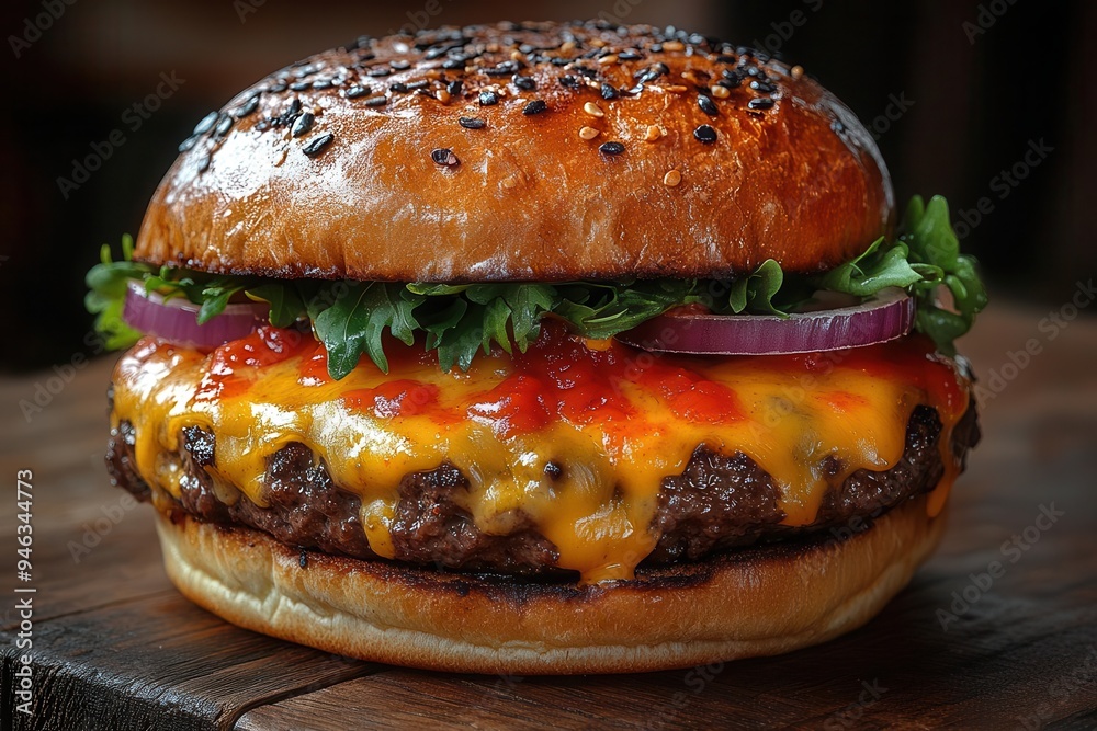gourmet cheeseburger with melting cheese cascade rich colors artisanal ...