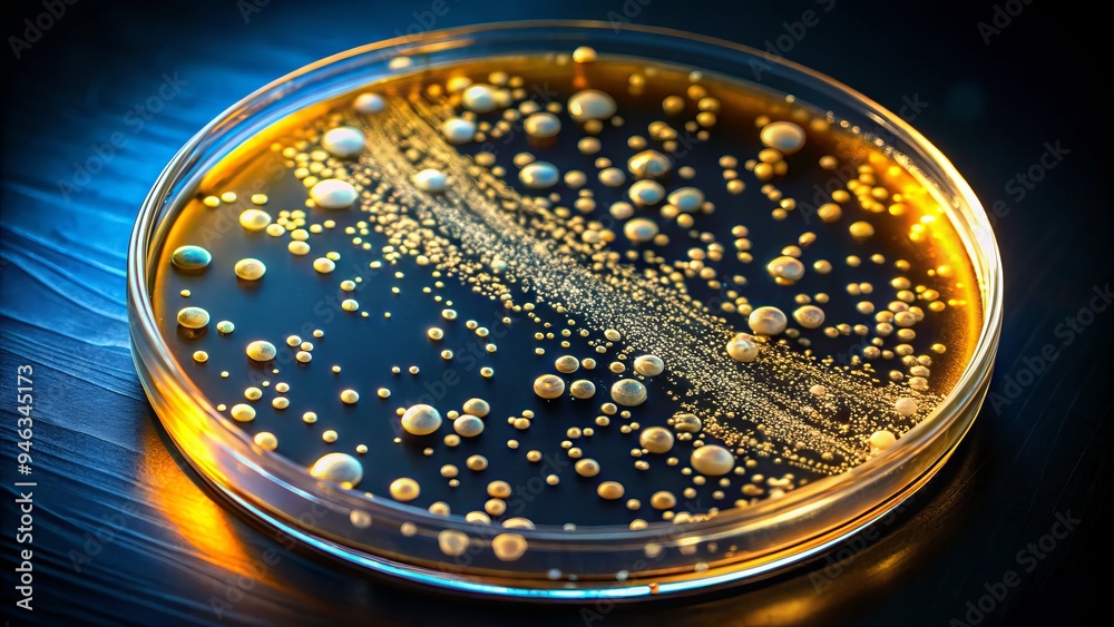 Petri dish with E. coli bacteria colony growth, tiny white dots on agar ...
