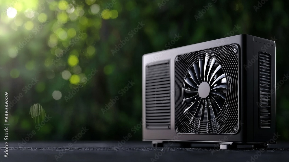 A sleek air-cooled condenser unit with visible coils and fan blades ...