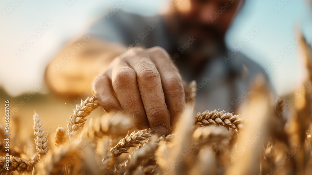 This image captures a close-up view of a hand gently touching wheat ...