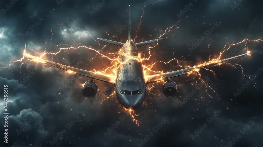 Dramatic photo of a lightning bolt striking a commercial airplane mid ...