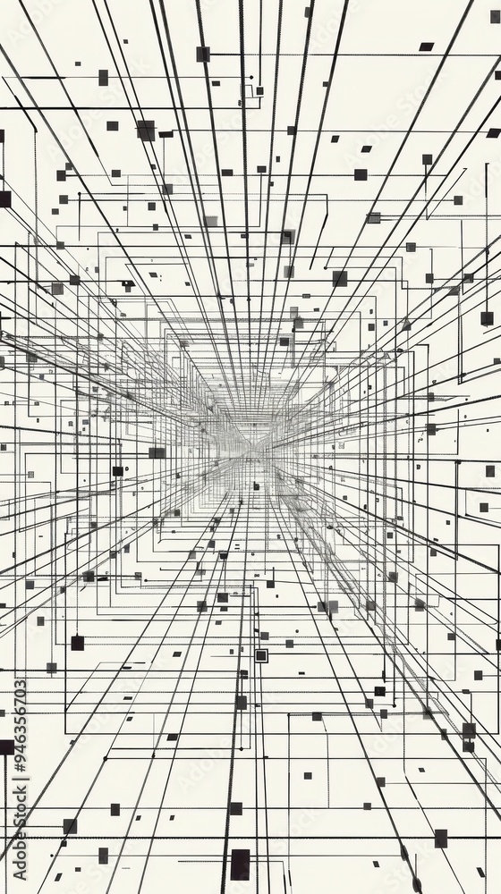 Black and white line drawing of a geometrical grid in one-point ...