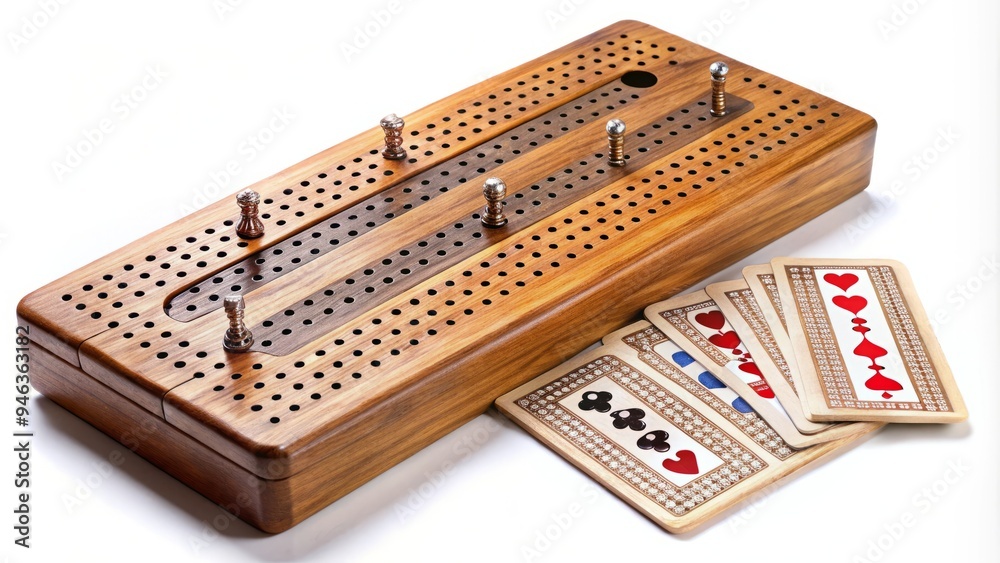 Traditional wooden cribbage board with 120 holes, scoring pegs, and a ...