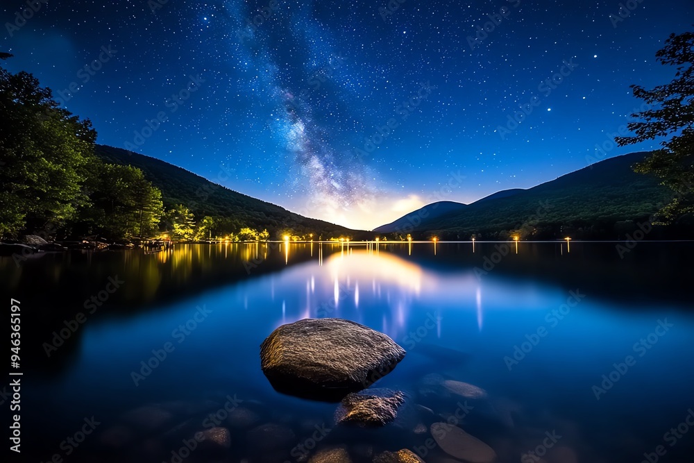 Lake at night with stars reflected in the water, creating a ...