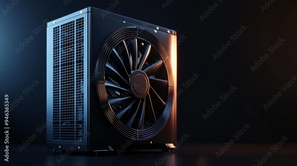 A sleek air-cooled condenser unit with visible coils and fan blades ...