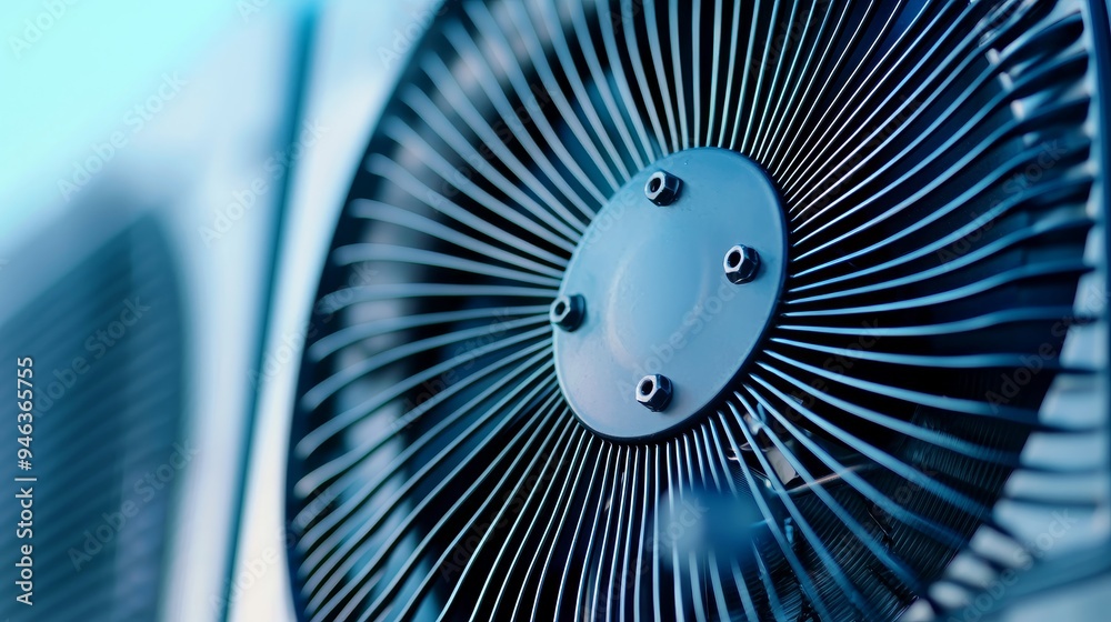 Close-up of a condenser units fan and housing, illustrating the ...