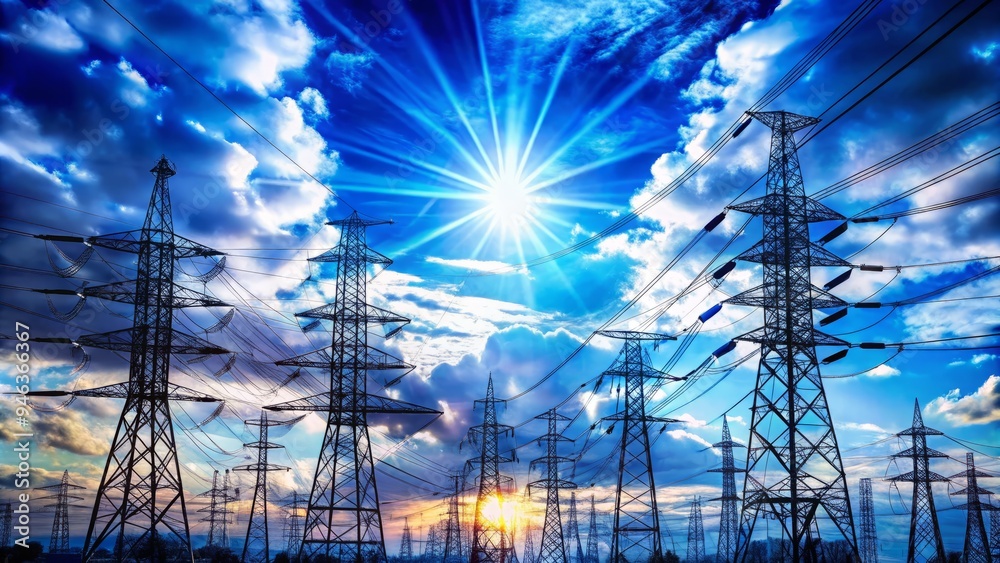 Vibrant blue electricity sparks illuminate a sprawling network of power ...