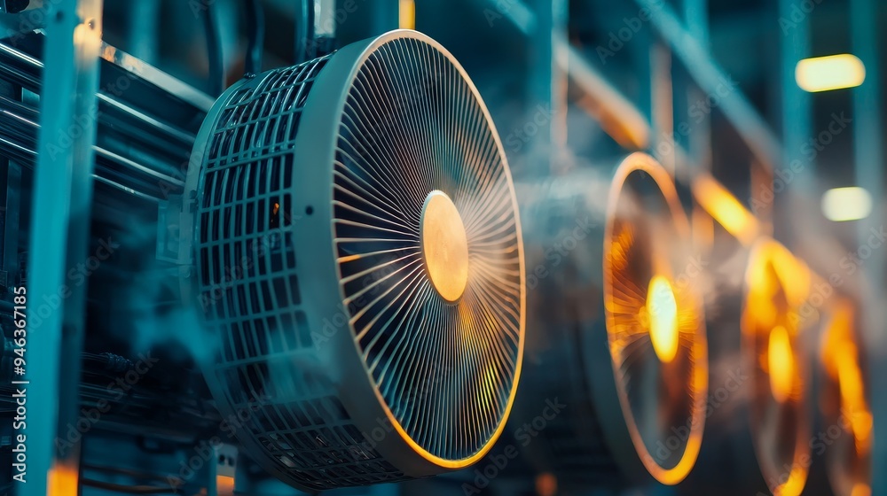 Exterior view of an air-cooled condenser unit in operation, with fans ...