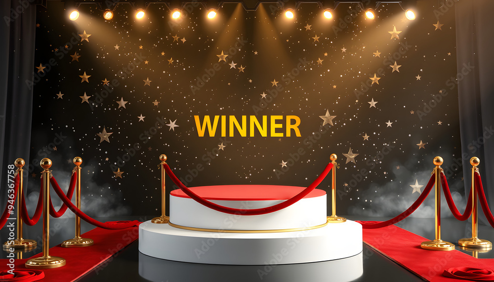 Winner award podium background with a glossy white podium and metallic ...