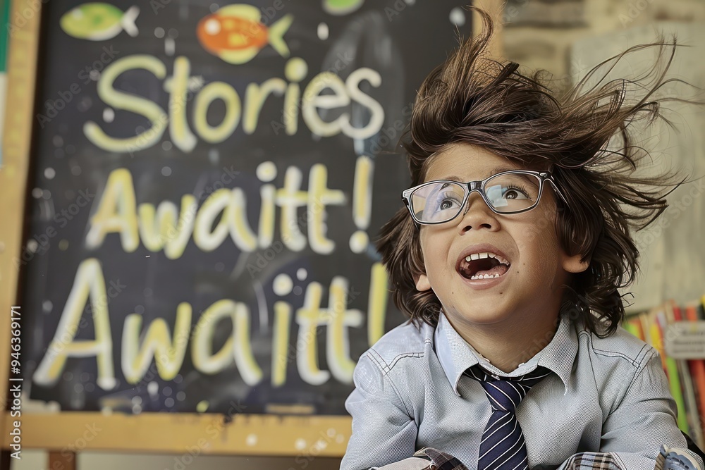 Delighted boy in glasses and tie, hair windswept, before a chalkboard ...