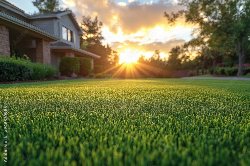 lush freshly mowed lawn in a suburban setting crisp uniform grass lines ...