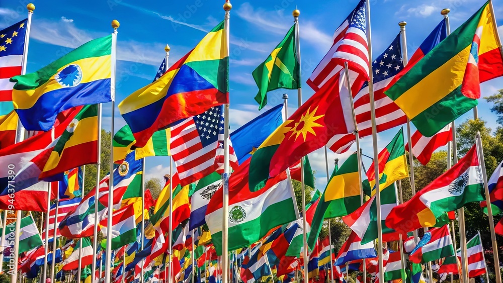 Vibrant flags and colorful banners from various Hispanic countries wave ...