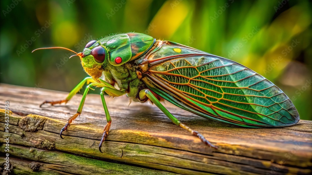 Vibrant green cicada perches on a weathered wooden fence post, its ...