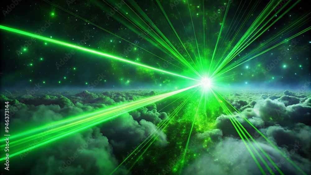 Vibrant green laser beam piercing through a dark misty atmosphere ...