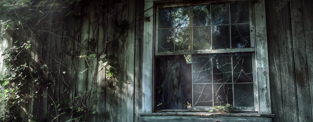 Misty apparition appearing in the window of an abandoned, decrepit ...